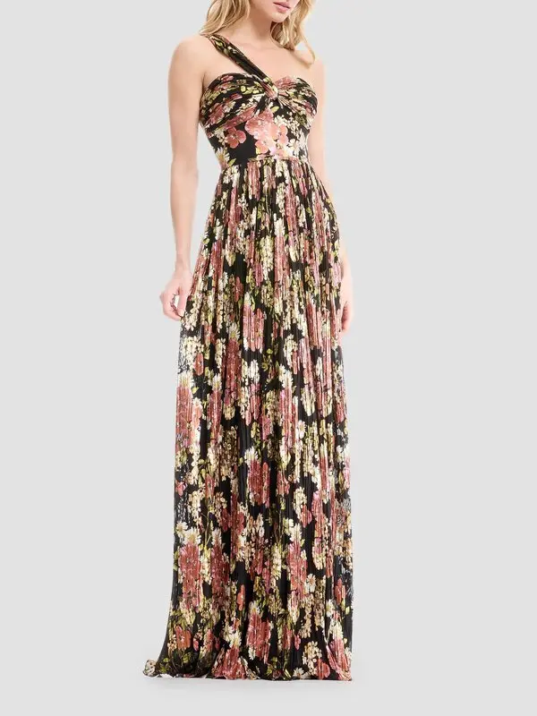 Dress The Population Idalia Floral One-shoulder Gown - Black Multi