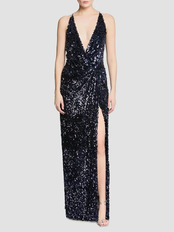 Halston Katri Sequined V-neck Gown - Indigo