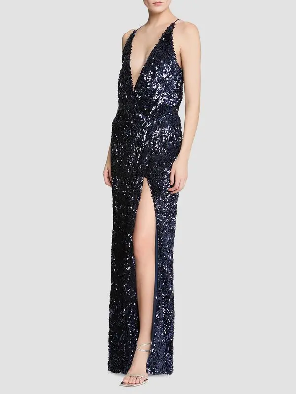 Halston Katri Sequined V-neck Gown - Indigo