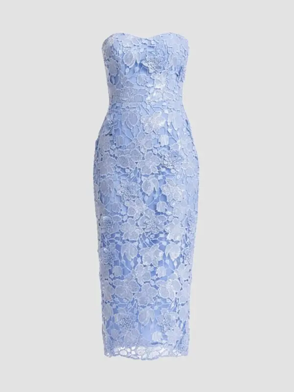 Dress The Population Shailene Floral Lace Strapless Midi Dress - Sky