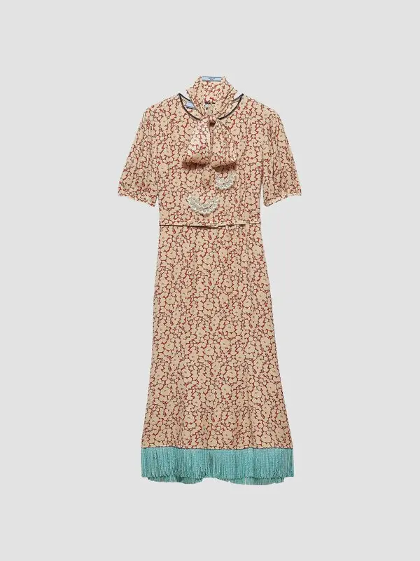 Prada Embroidered Floral Print Sablé Dress - Orange Multi