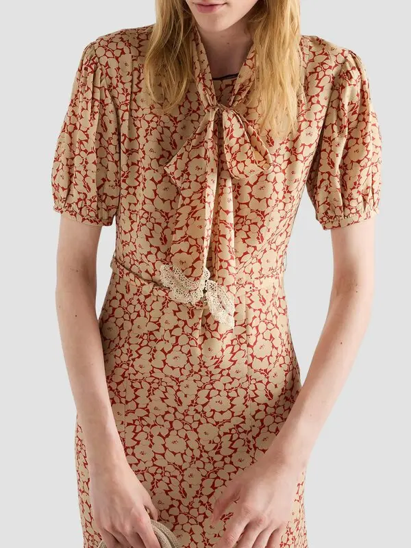 Prada Embroidered Floral Print Sablé Dress - Orange Multi