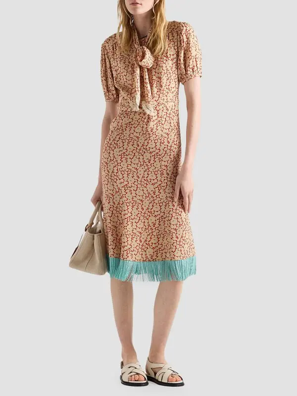 Prada Embroidered Floral Print Sablé Dress - Orange Multi
