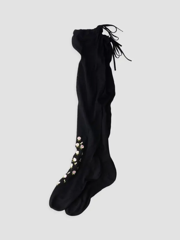 Prada Embroidered Over The Knee Cotton Socks - Black