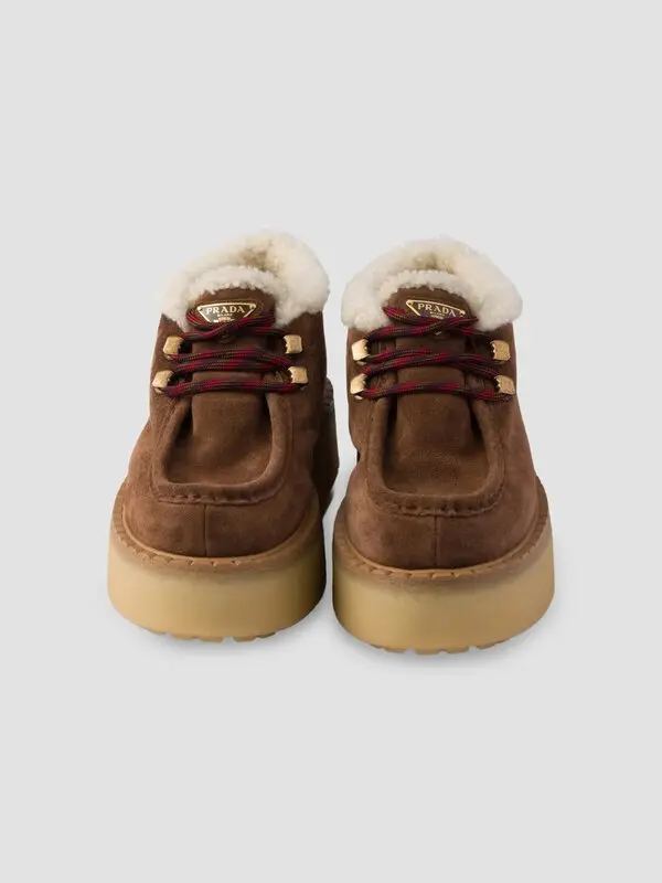 Prada Shearling Lined Suede Booties - Medium Brown