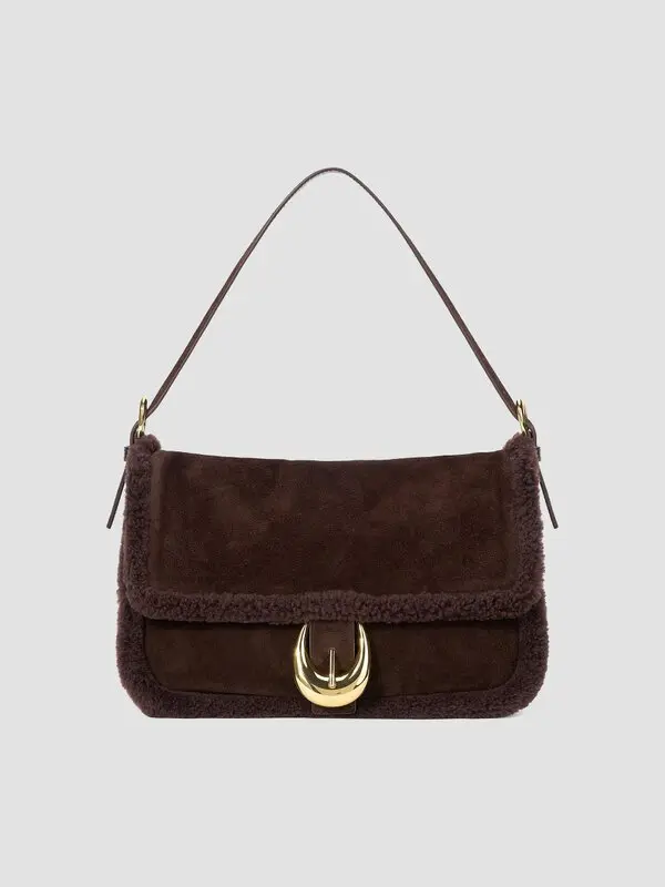 Staud Medium Harlow Shearling-trim Suede Bag