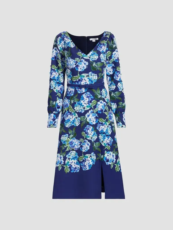 KAY UNGER Briony Hydrangea Stretch Crepe Belted Midi-dress