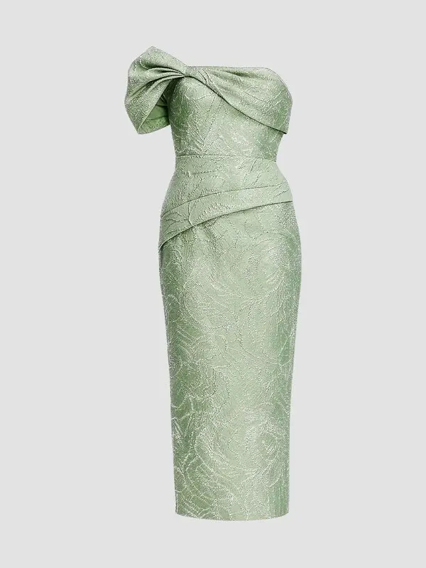Dress The Population Cyprus One-shoulder Jacquard Midi-dress - Sage