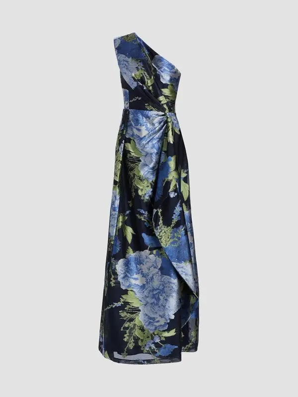 KAY UNGER Daisy Floral Jacquard One-shoulder Gown - Dark Twilight Multi