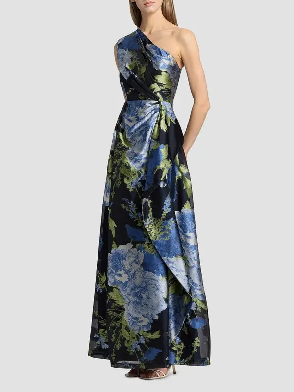 KAY UNGER Daisy Floral Jacquard One-shoulder Gown