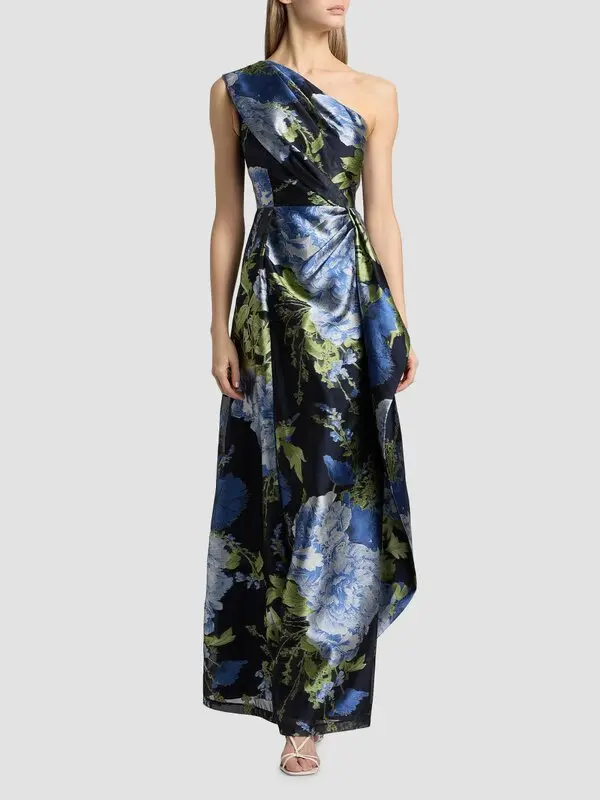 KAY UNGER Daisy Floral Jacquard One-shoulder Gown