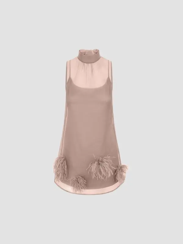 Staud Albee Feather-embellished Mesh Minidress - Truffle
