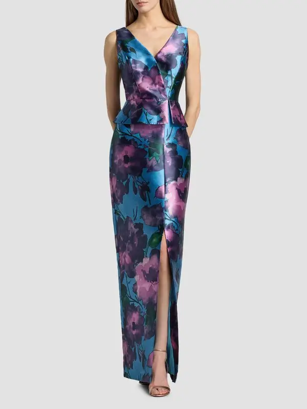 KAY UNGER Celeste Floral Mikado Column Gown