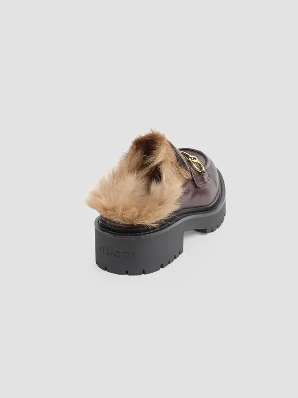 Gucci Rhodi Leather & Shearling Horsebit Mules - Deep Maroon