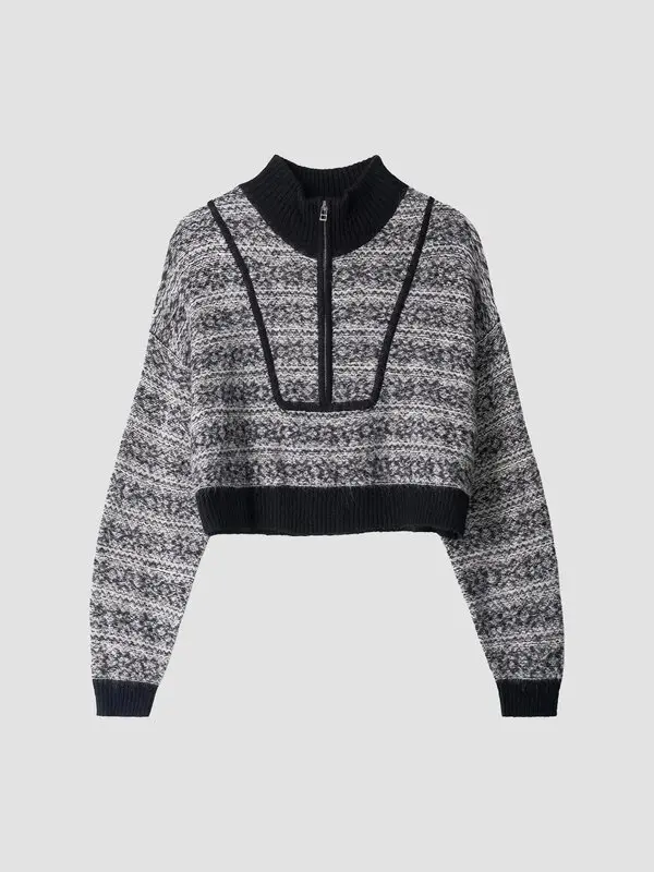 Staud Hampton Patterned Half-zip Crop Sweater