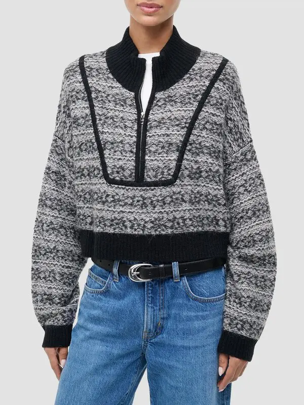 Staud Hampton Patterned Half-zip Crop Sweater