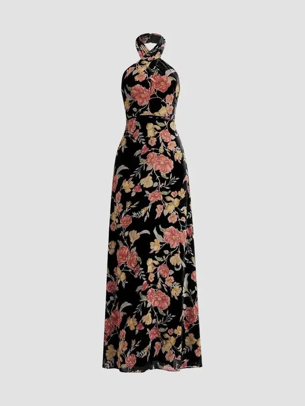 Dress The Population Brighton Velvet Floral Halterneck Maxi Dress
