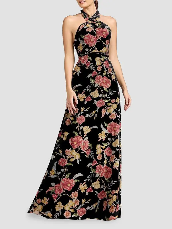 Dress The Population Brighton Velvet Floral Halterneck Maxi Dress