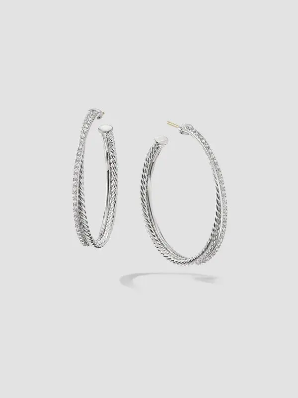 David Yurman Crossover Hoop Earrings In Sterling Silver With Diamonds