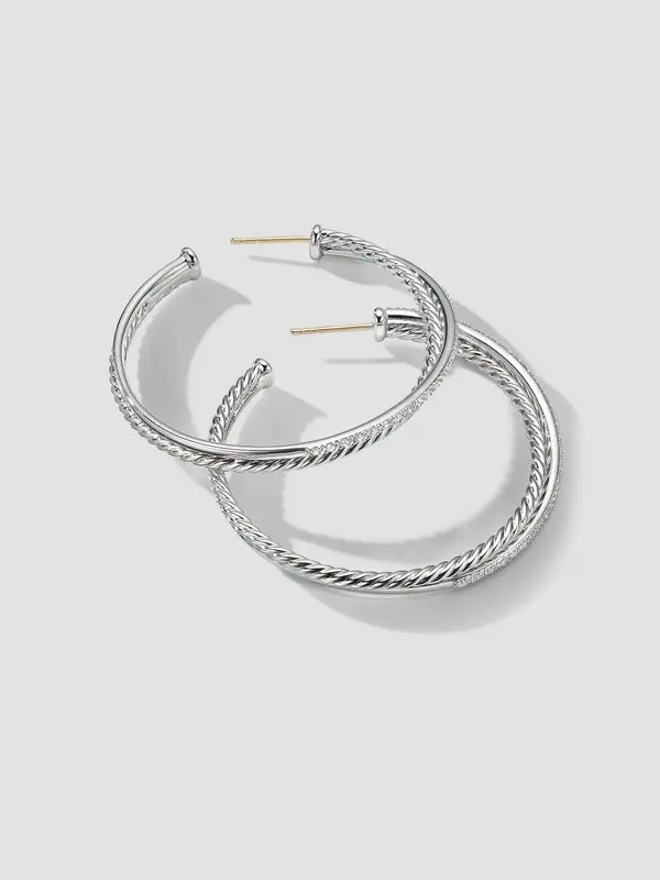 David Yurman Crossover Hoop Earrings In Sterling Silver With Diamonds