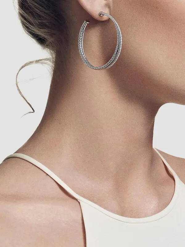 David Yurman Crossover Hoop Earrings In Sterling Silver With Diamonds