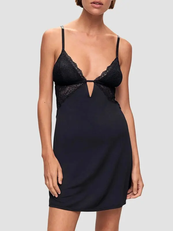 Eberjey Satin & Lace Cut-out Back Chemise - Black