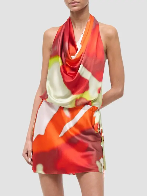 Staud Liora Abstract Silk Halter Minidress