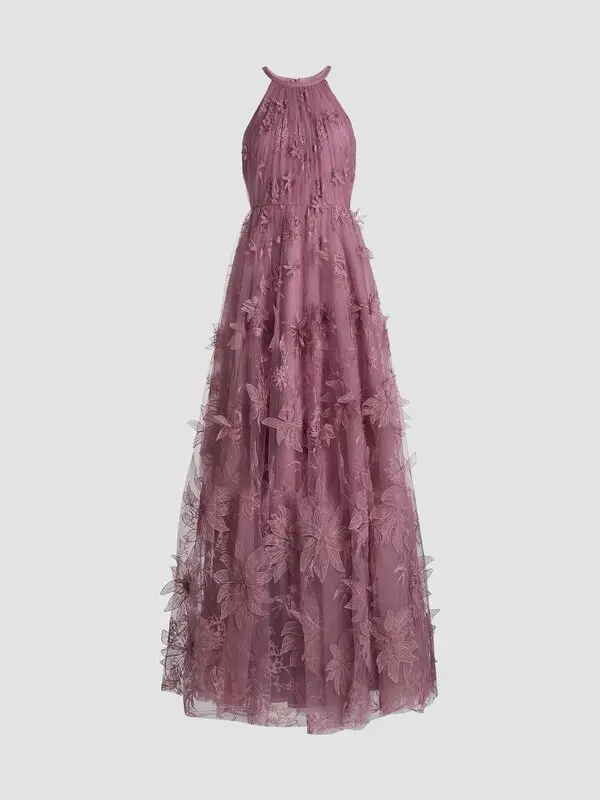 Theia Lux Floral-embroidered Gown - Dusk