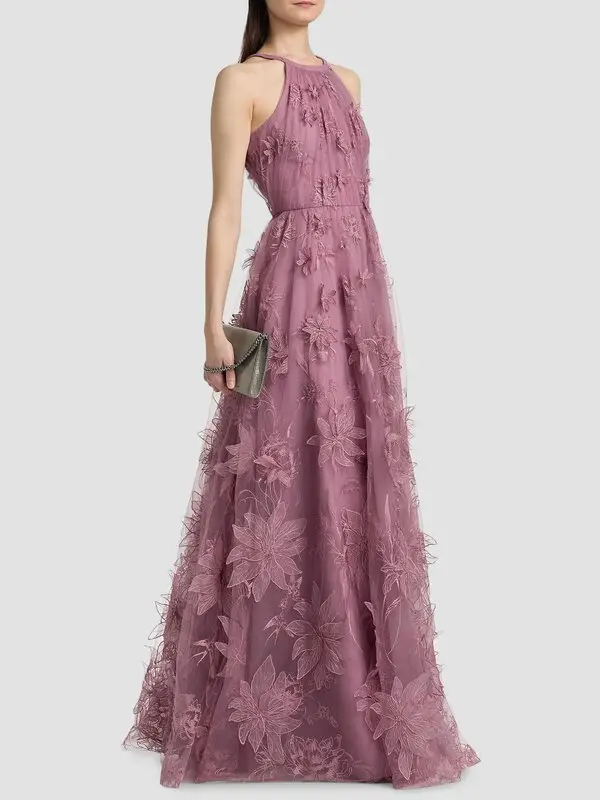 Theia Lux Floral-embroidered Gown