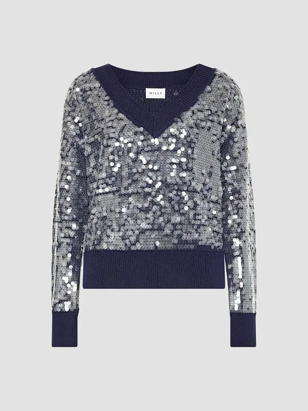 MILLY Ilaria Sequined V-neck Sweater - Navy
