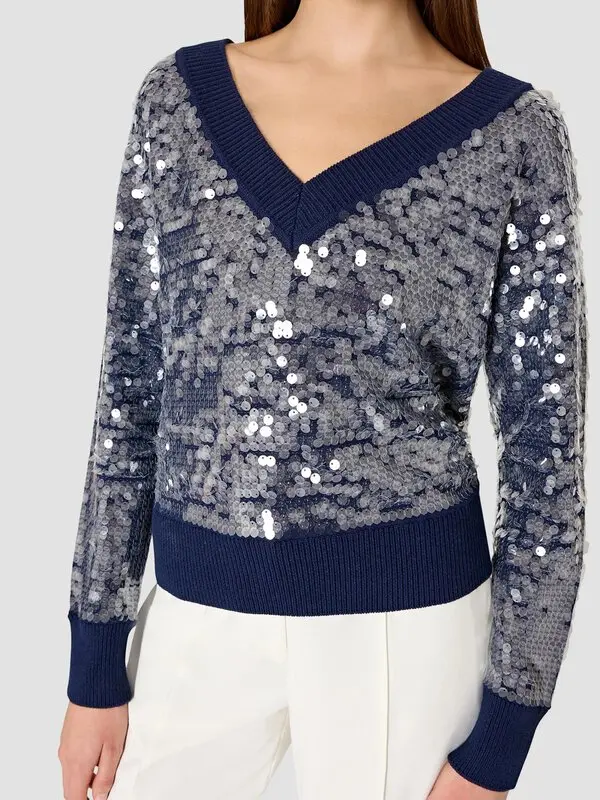 MILLY Ilaria Sequined V-neck Sweater - Navy