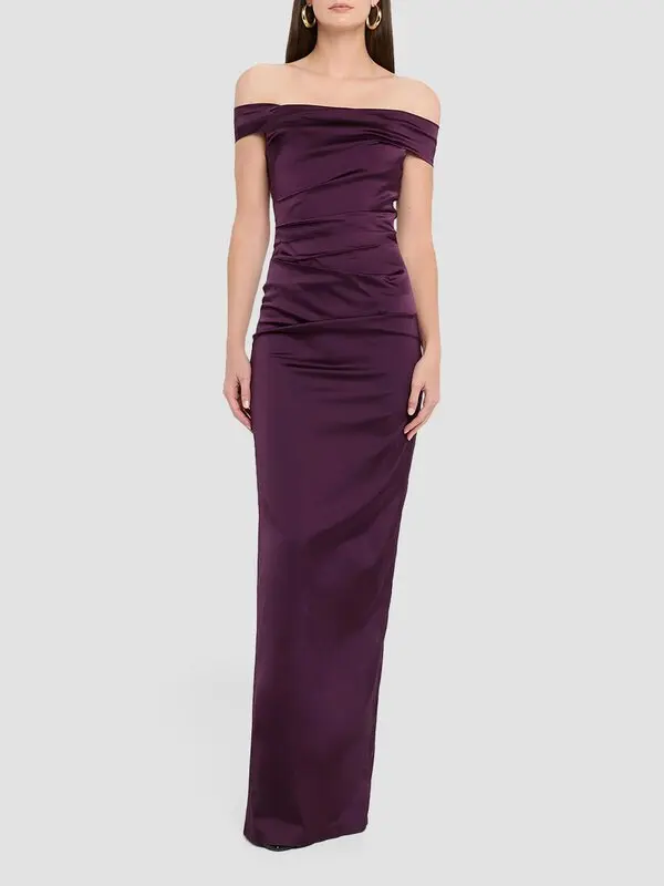 Rickie Freeman For Teri Jon Ruched Satin Off-the-shoulder Gown