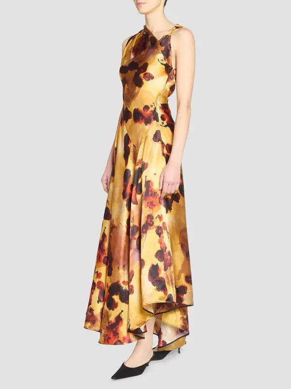Victoria Beckham Floral Satin Asymmetric Sleeveless Maxi Dress