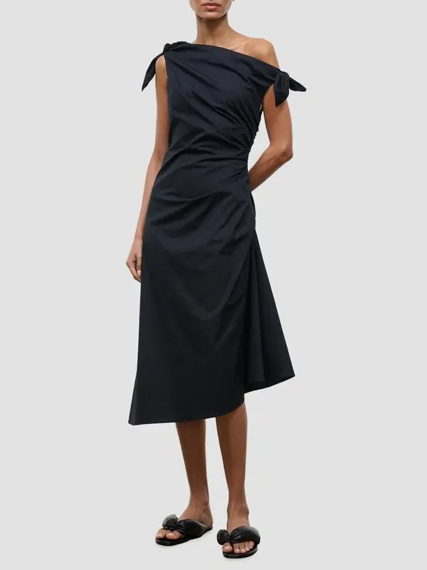 Staud Bellaria Ruched Asymmetric Cotton Midi-dress