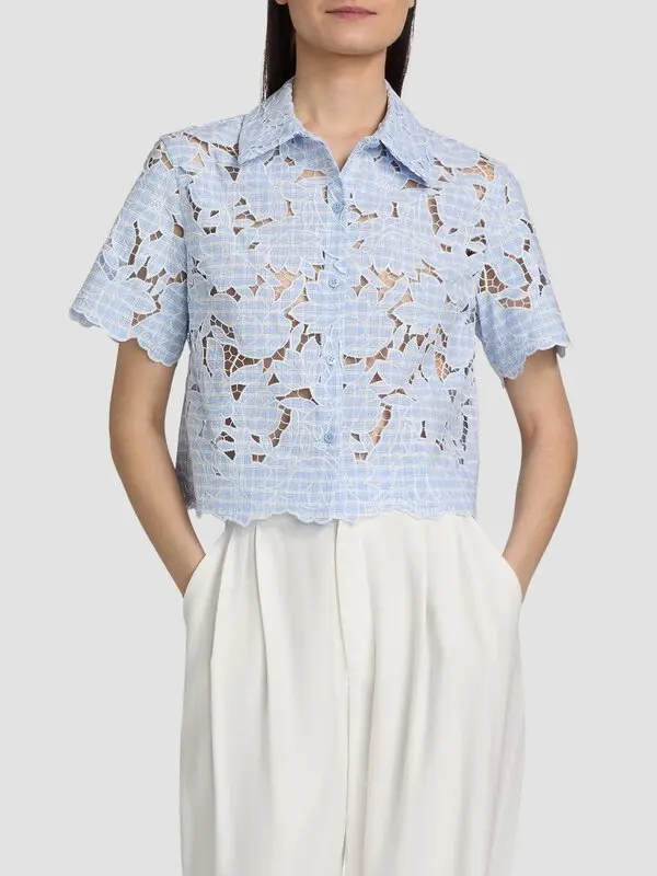 Simkhai Ryett Checked Laser-cut Floral Crop Shirt
