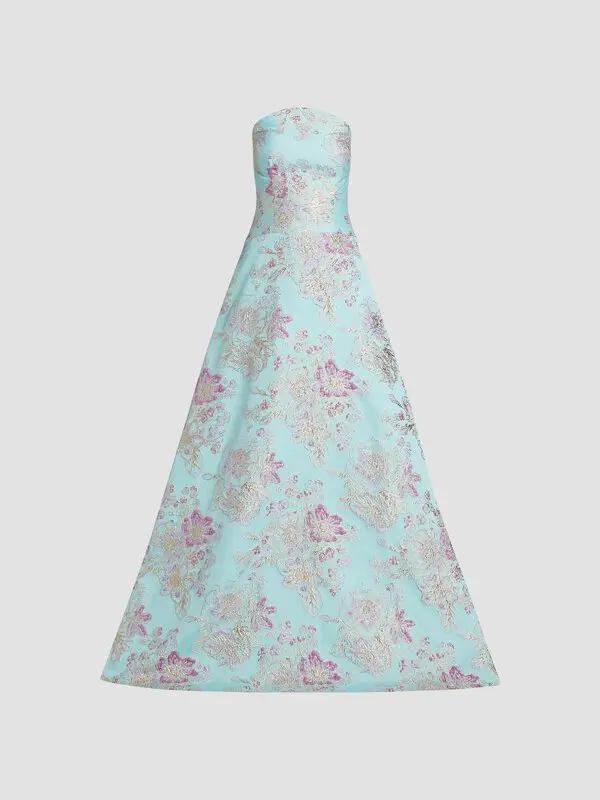 Rickie Freeman For Teri Jon Floral Jacquard Strapless Gown - Light Blue Multi