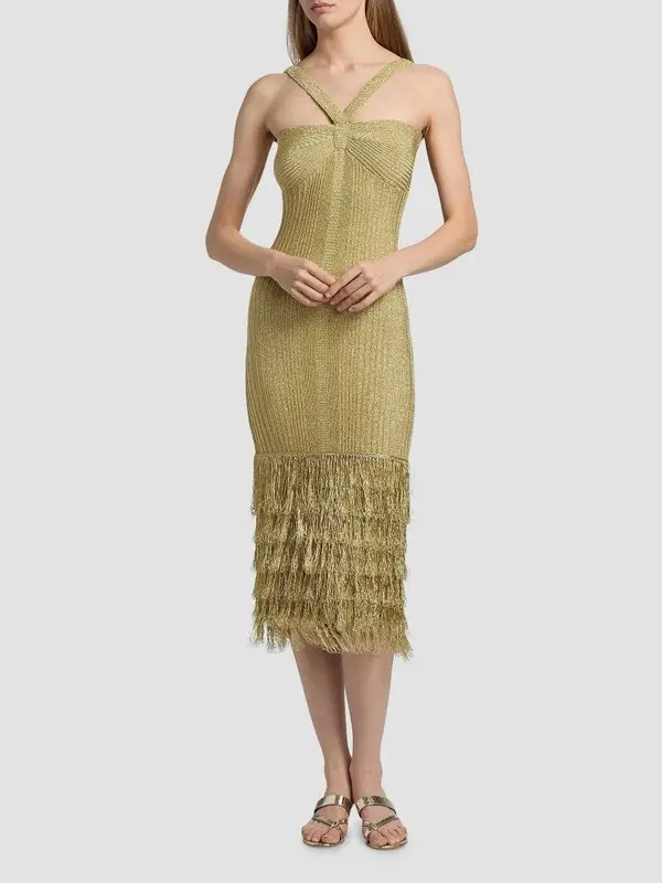 AMUR Rosalina Shimmer Metallic Fringe Midi-dress