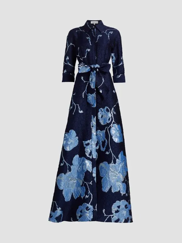 Rickie Freeman For Teri Jon Metallic Jacquard Shirt Gown - Navy Multi