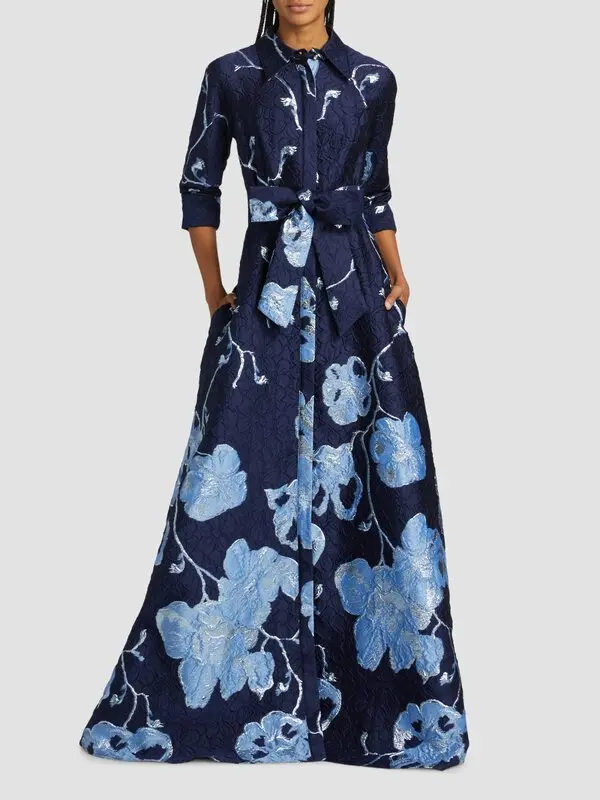 Rickie Freeman For Teri Jon Metallic Jacquard Shirt Gown - Navy Multi