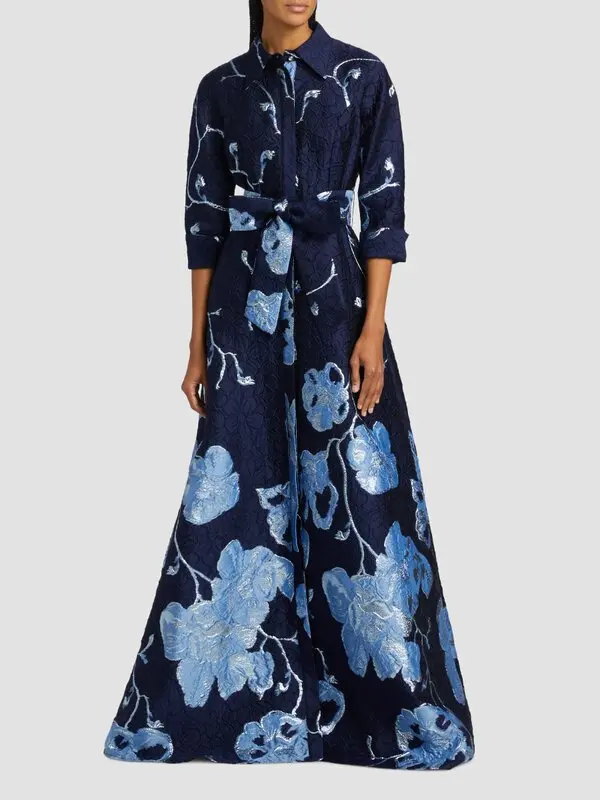 Rickie Freeman For Teri Jon Metallic Jacquard Shirt Gown - Navy Multi