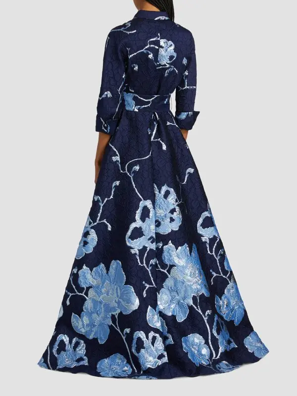Rickie Freeman For Teri Jon Metallic Jacquard Shirt Gown - Navy Multi