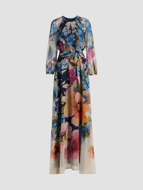 Rickie Freeman For Teri Jon Floral Chiffon Maxi Gown - Blue Multi