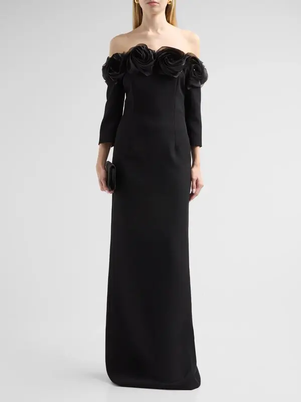 Rickie Freeman For Teri Jon Floral Crêpe Off-the-shoulder Gown