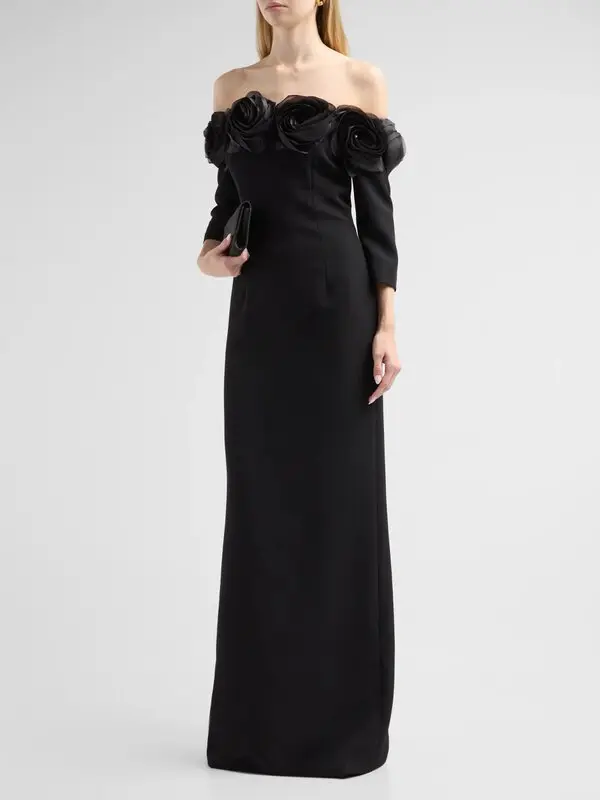 Rickie Freeman For Teri Jon Floral Crêpe Off-the-shoulder Gown