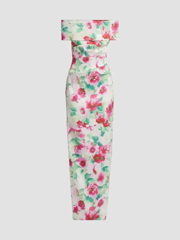 Rickie Freeman For Teri Jon Floral Ruched Off-the-shoulder Gown - White Multi