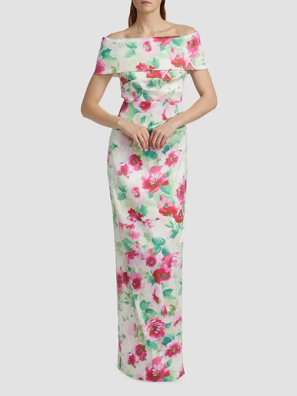 Rickie Freeman For Teri Jon Floral Ruched Off-the-shoulder Gown