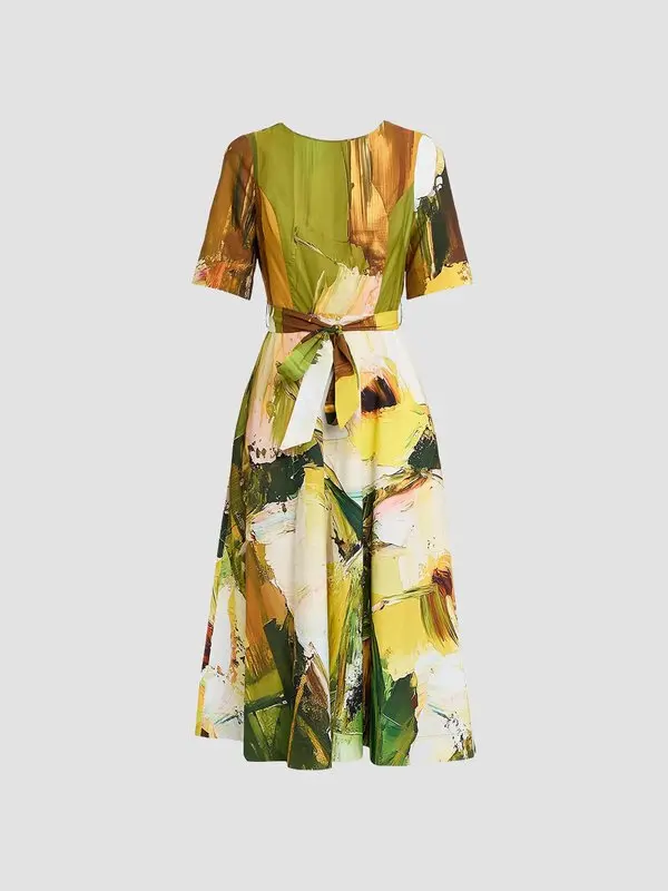 Rickie Freeman For Teri Jon Paint-print Boatneck Cotton Apron Midi-dress - Copper Mult