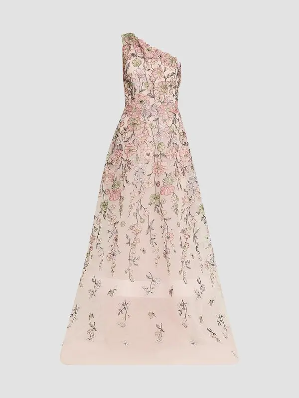 Rickie Freeman For Teri Jon Floral-embroidered One-shoulder Tulle Gown - Blush Multi
