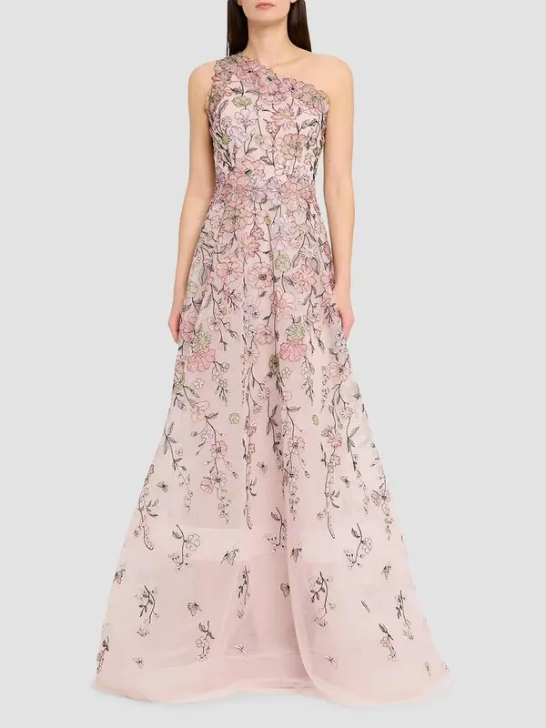 Rickie Freeman For Teri Jon Floral-embroidered One-shoulder Tulle Gown