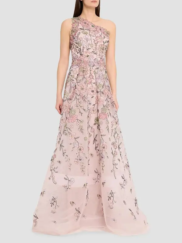 Rickie Freeman For Teri Jon Floral-embroidered One-shoulder Tulle Gown